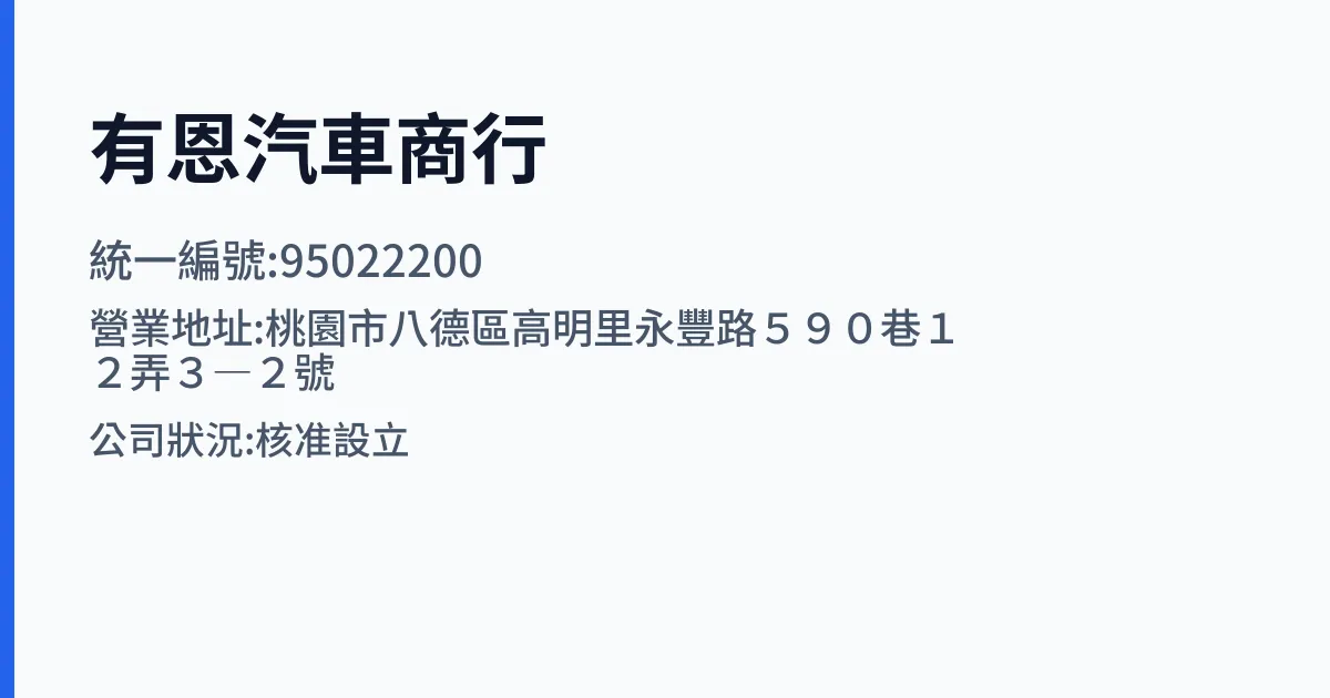 有恩汽車商行 - 統編 95022200（桃園市） 公司登記資料與營業項目詳細圖表