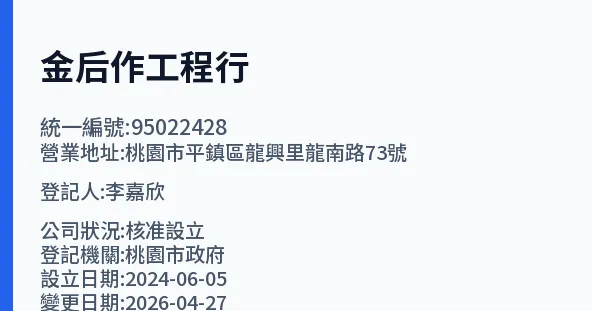 金后作工程行的照片-統編 95022428(桃園市) 公司登記資料與營業項目詳細圖表