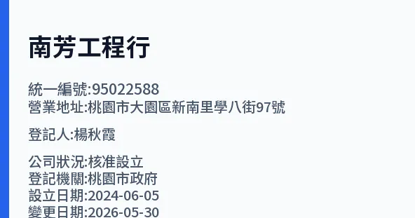 南芳工程行的照片-統編 95022588(桃園市) 公司登記資料與營業項目詳細圖表