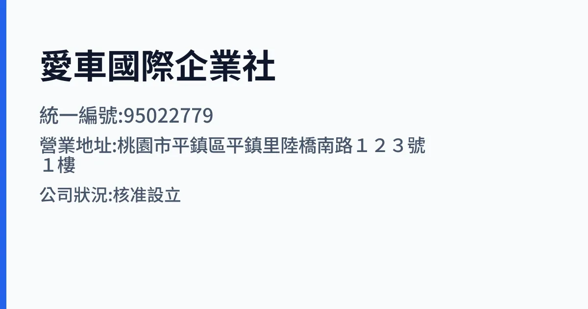 愛車國際企業社 - 統編 95022779（桃園市） 公司登記資料與營業項目詳細圖表