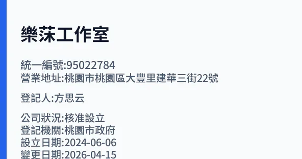 樂莯工作室的照片-統編 95022784(桃園市) 公司登記資料與營業項目詳細圖表