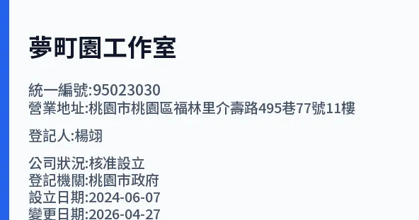 夢町園工作室的照片-統編 95023030(桃園市) 公司登記資料與營業項目詳細圖表