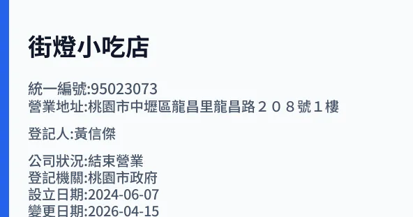 街燈小吃店的照片-統編 95023073(桃園市) 公司登記資料與營業項目詳細圖表