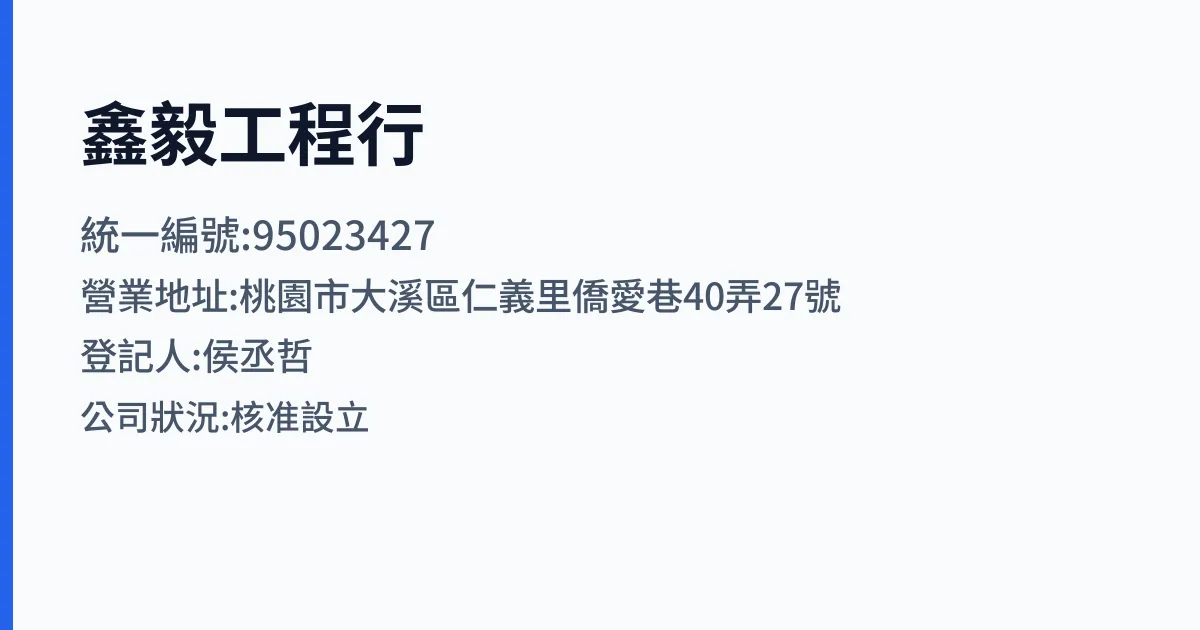 鑫毅工程行 - 統編 95023427(桃園市) 公司登記資料與營業項目詳細圖表