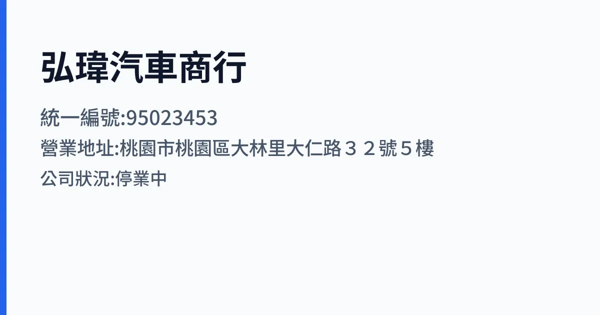 弘瑋汽車商行 - 統編 95023453(桃園市) 公司登記資料與營業項目詳細圖表