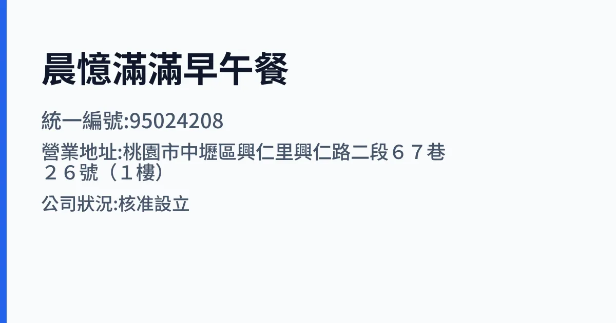 晨憶滿滿早午餐 - 統編 95024208(桃園市) 公司登記資料與營業項目詳細圖表