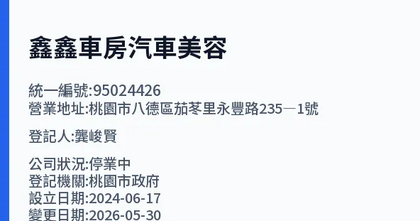 鑫鑫車房汽車美容的照片-統編 95024426(桃園市) 公司登記資料與營業項目詳細圖表