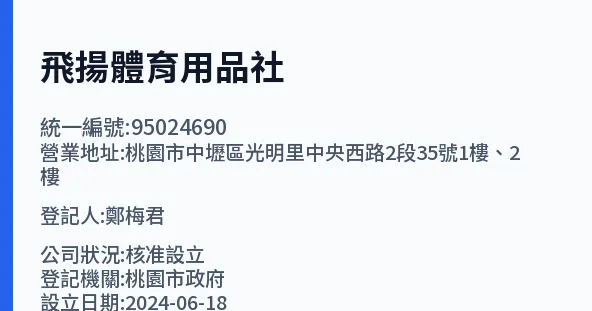 飛揚體育用品社的照片-統編 95024690(桃園市) 公司登記資料與營業項目詳細圖表