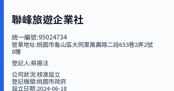 聯峰旅遊企業社的照片-統編 95024734(桃園市) 公司登記資料與營業項目詳細圖表