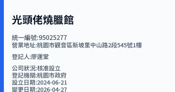 光頭佬燒臘館的照片-統編 95025277(桃園市) 公司登記資料與營業項目詳細圖表