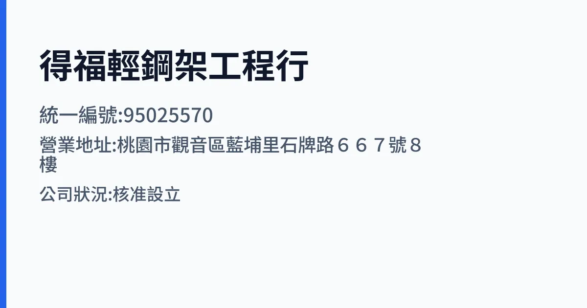 得福輕鋼架工程行 - 統編 95025570(桃園市) 公司登記資料與營業項目詳細圖表
