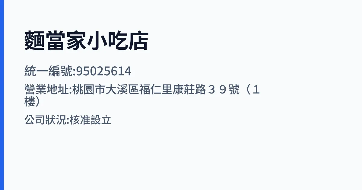 麵當家小吃店 - 統編 95025614(桃園市) 公司登記資料與營業項目詳細圖表