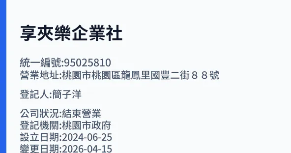 享夾樂企業社的照片-統編 95025810(桃園市) 公司登記資料與營業項目詳細圖表