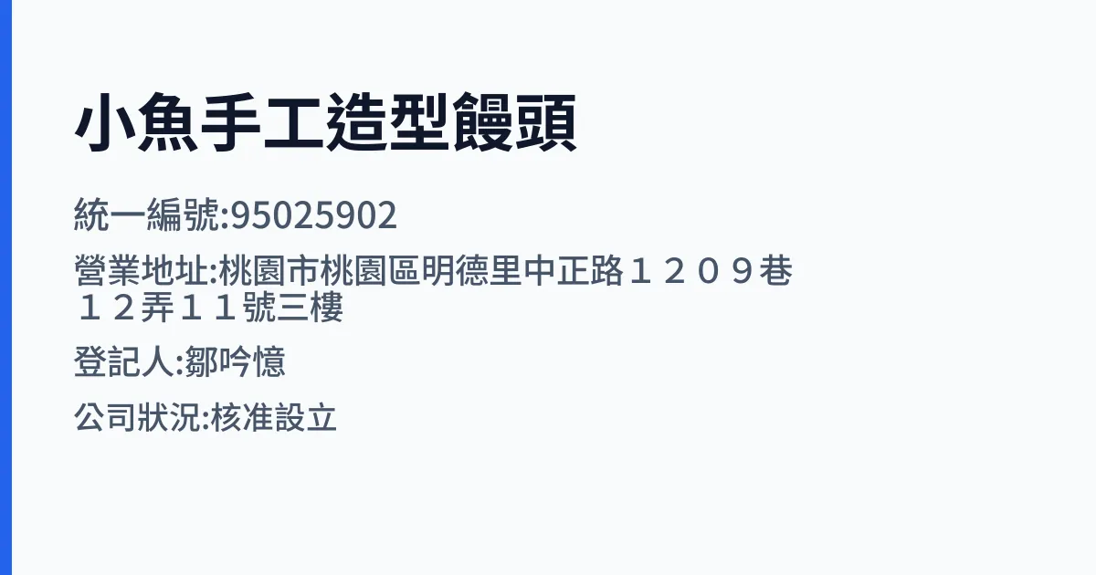 小魚手工造型饅頭 - 統編 95025902(桃園市) 公司登記資料與營業項目詳細圖表