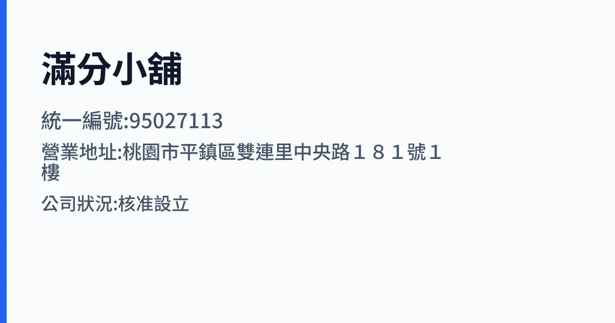 滿分小舖 - 統編 95027113(桃園市) 公司登記資料與營業項目詳細圖表
