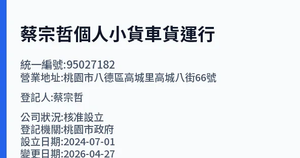 蔡宗哲個人小貨車貨運行的照片-統編 95027182(桃園市) 公司登記資料與營業項目詳細圖表