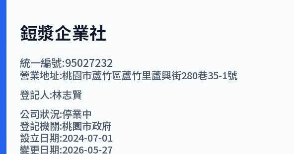 鋀漿企業社的照片-統編 95027232(桃園市) 公司登記資料與營業項目詳細圖表