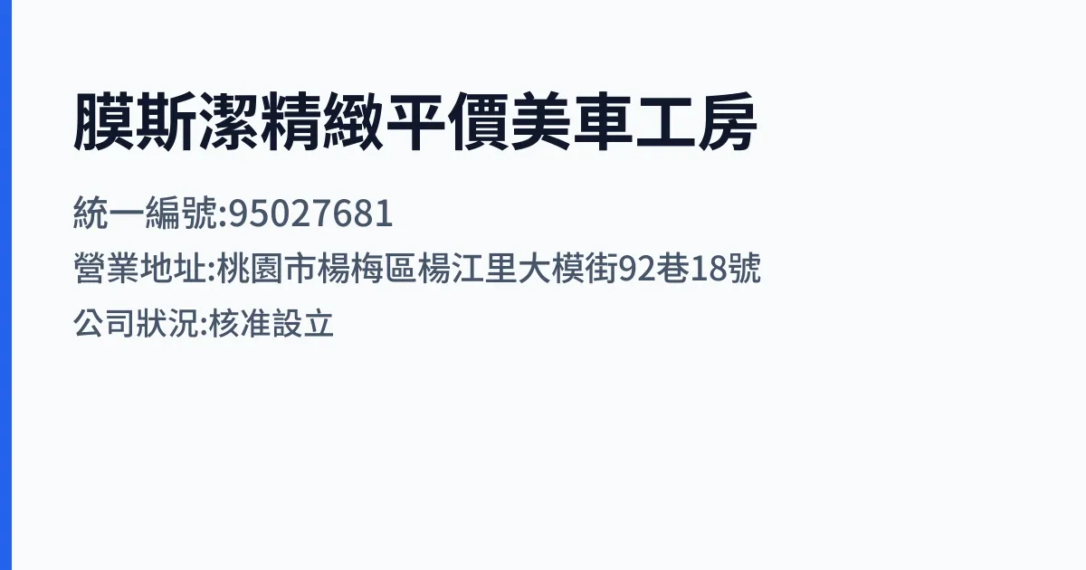 膜斯潔精緻平價美車工房 - 統編 95027681（桃園市） 公司登記資料與營業項目詳細圖表