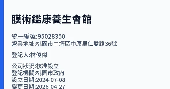 膜術鑑康養生會館的照片-統編 95028350(桃園市) 公司登記資料與營業項目詳細圖表