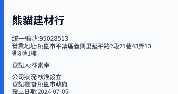 熊貓建材行的照片-統編 95028513(桃園市) 公司登記資料與營業項目詳細圖表