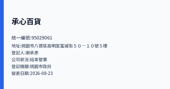 承心百貨的照片-統編 95029061(桃園市) 公司登記資料與營業項目詳細圖表