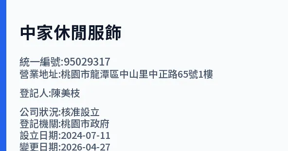 中家休閒服飾的照片-統編 95029317(桃園市) 公司登記資料與營業項目詳細圖表