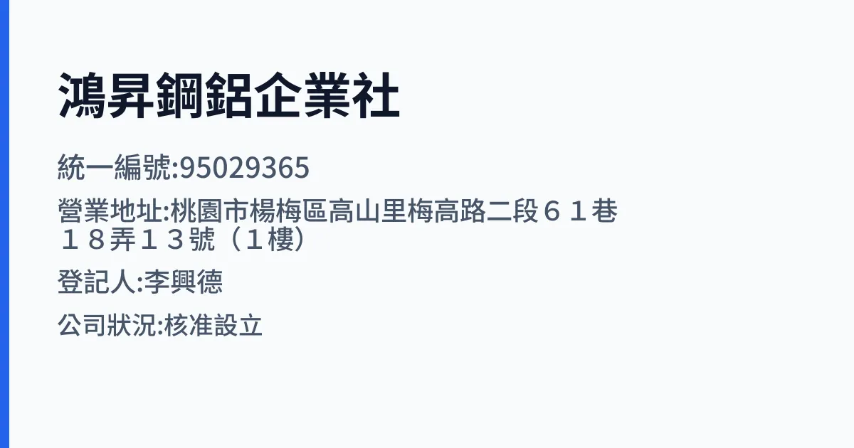鴻昇鋼鋁企業社 - 統編 95029365(桃園市) 公司登記資料與營業項目詳細圖表