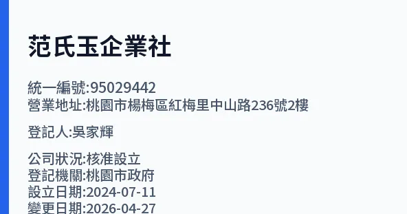 范氏玉企業社的照片-統編 95029442(桃園市) 公司登記資料與營業項目詳細圖表