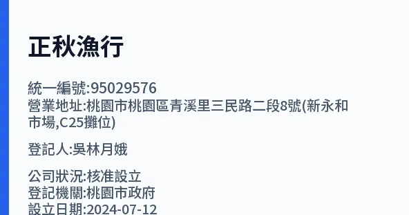 正秋漁行的照片-統編 95029576(桃園市) 公司登記資料與營業項目詳細圖表