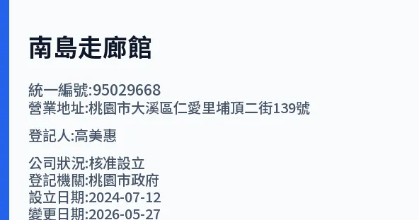 南島走廊館的照片-統編 95029668(桃園市) 公司登記資料與營業項目詳細圖表