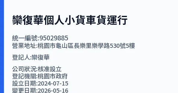 欒復華個人小貨車貨運行的照片-統編 95029885(桃園市) 公司登記資料與營業項目詳細圖表