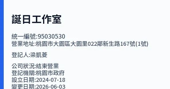 誕日工作室的照片-統編 95030530(桃園市) 公司登記資料與營業項目詳細圖表