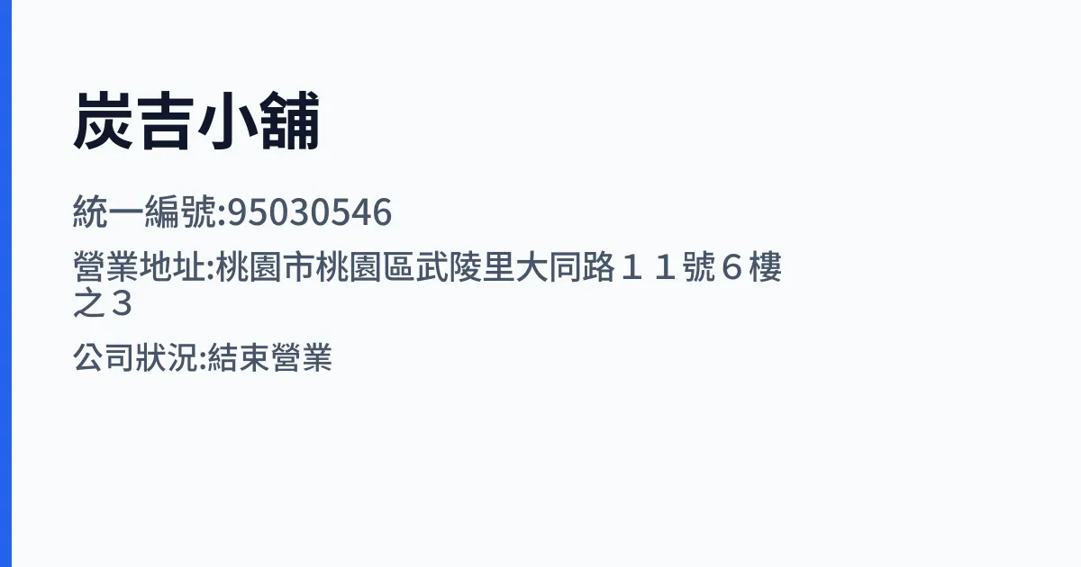 炭吉小舖 - 統編 95030546(桃園市) 公司登記資料與營業項目詳細圖表