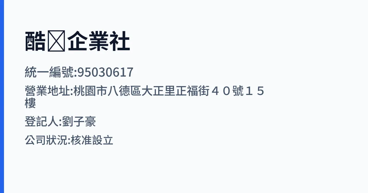 酷柇企業社 - 統編 95030617(桃園市) 公司登記資料與營業項目詳細圖表