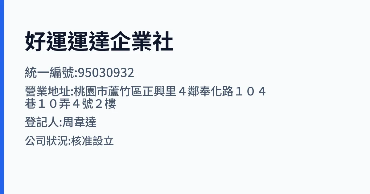 好運運達企業社 - 統編 95030932(桃園市) 公司登記資料與營業項目詳細圖表