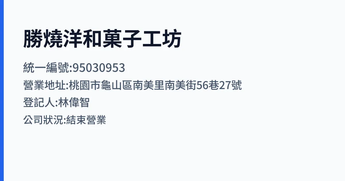 勝燒洋和菓子工坊 - 統編 95030953(桃園市) 公司登記資料與營業項目詳細圖表
