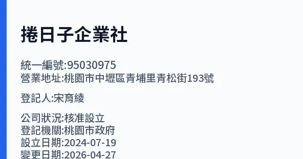 捲日子企業社的照片-統編 95030975(桃園市) 公司登記資料與營業項目詳細圖表