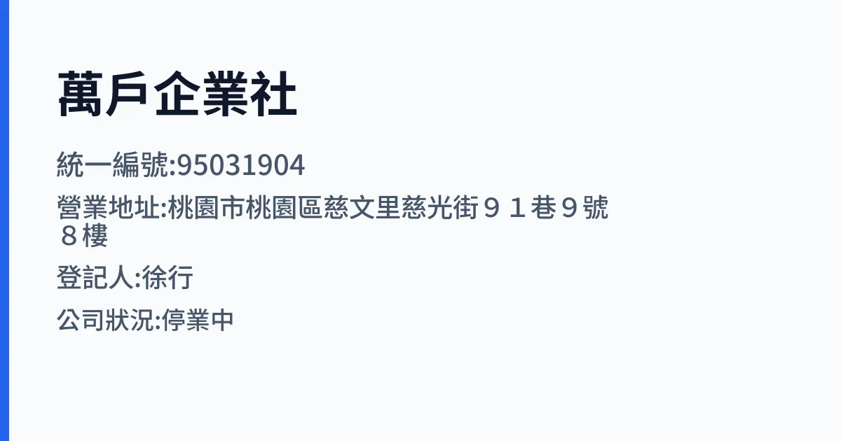 萬戶企業社 - 統編 95031904(桃園市) 公司登記資料與營業項目詳細圖表