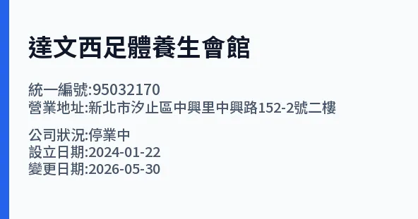 達文西足體養生會館的照片-統編 95032170(新北市) 公司登記資料與營業項目詳細圖表