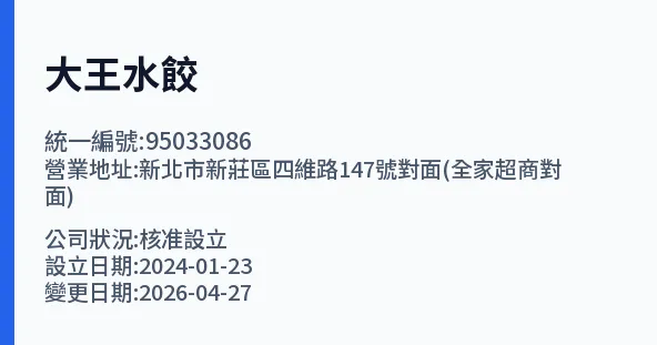 大王水餃的照片-統編 95033086(新北市) 公司登記資料與營業項目詳細圖表