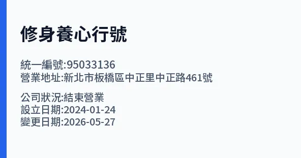 修身養心行號的照片-統編 95033136(新北市) 公司登記資料與營業項目詳細圖表