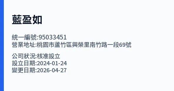 藍盈如的照片-統編 95033451(桃園市) 公司登記資料與營業項目詳細圖表