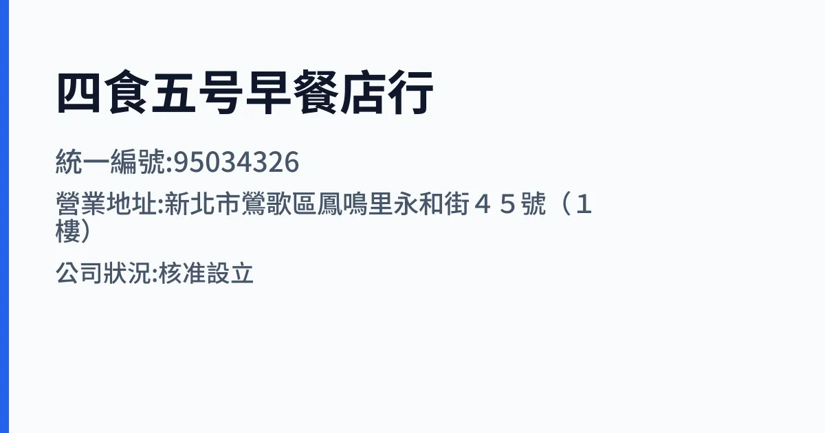 四食五号早餐店行 - 統編 95034326(新北市) 公司登記資料與營業項目詳細圖表