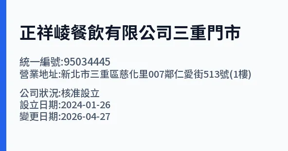 正祥崚餐飲有限公司三重門市的照片-統編 95034445(新北市) 公司登記資料與營業項目詳細圖表