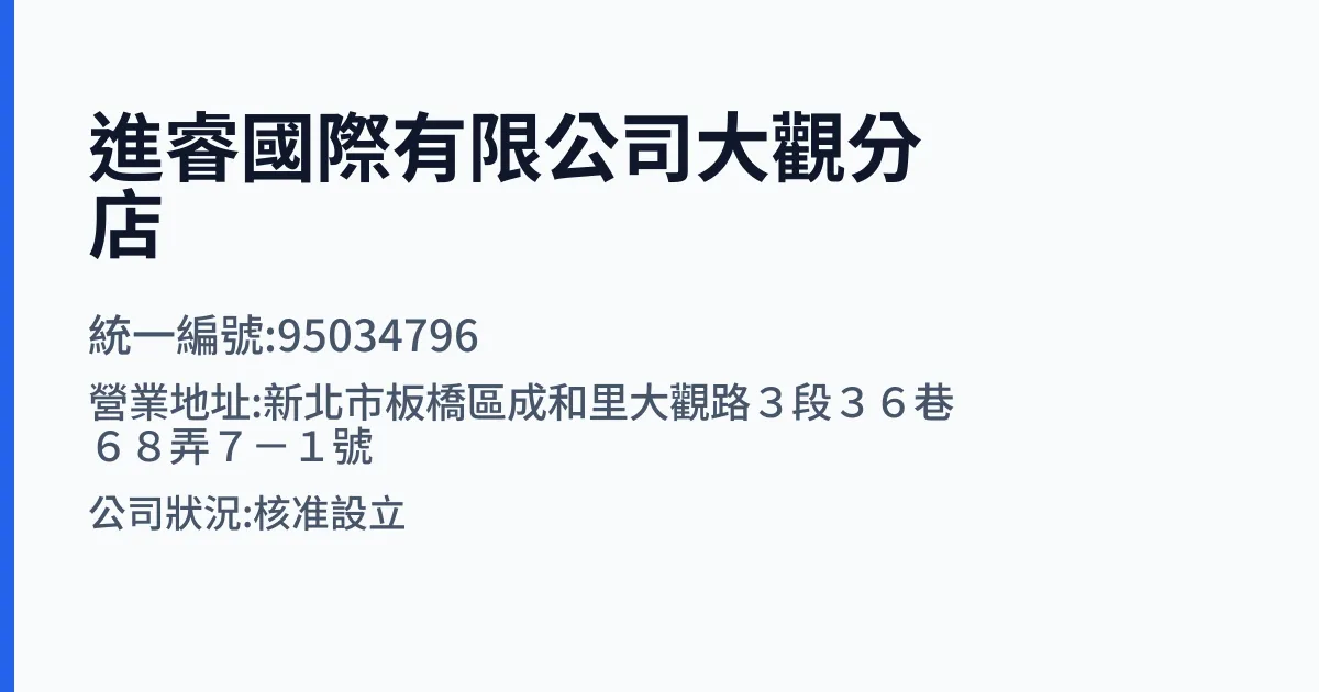 進睿國際有限公司大觀分店 - 統編 95034796（新北市） 公司登記資料與營業項目詳細圖表