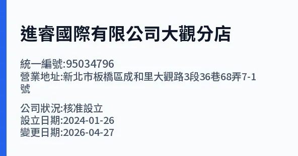 進睿國際有限公司大觀分店的照片-統編 95034796(新北市) 公司登記資料與營業項目詳細圖表