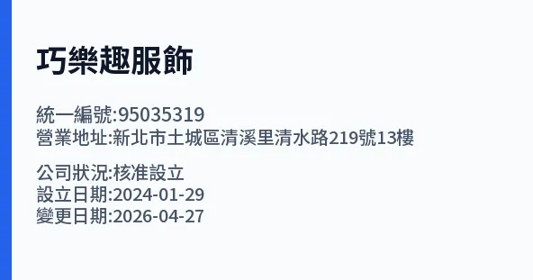 巧樂趣服飾的照片-統編 95035319(新北市) 公司登記資料與營業項目詳細圖表
