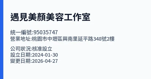 遇見美顏美容工作室的照片-統編 95035747(桃園市) 公司登記資料與營業項目詳細圖表