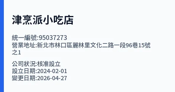 津烹派小吃店的照片-統編 95037273(新北市) 公司登記資料與營業項目詳細圖表