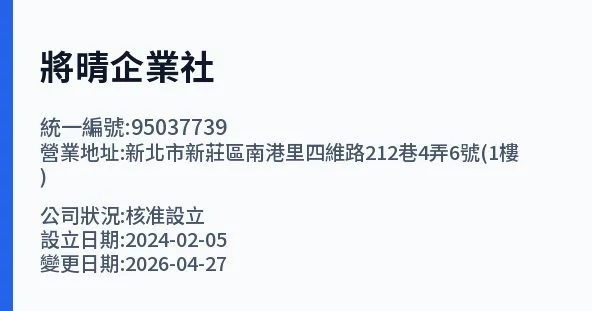 將晴企業社的照片-統編 95037739(新北市) 公司登記資料與營業項目詳細圖表